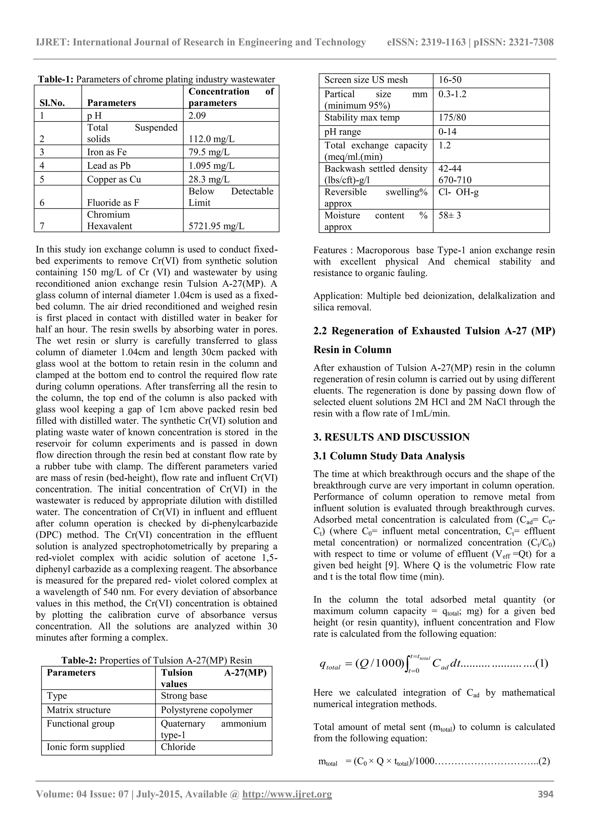 Treatment of wastewater from chrome plating industry by ion exchange ...