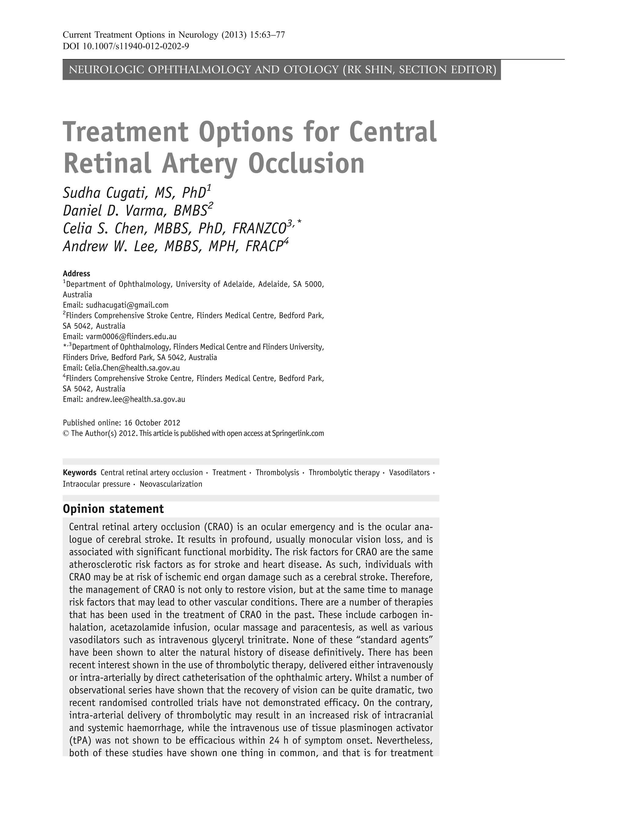 Treatment options for central retinal artery occlusion 2012 | PDF