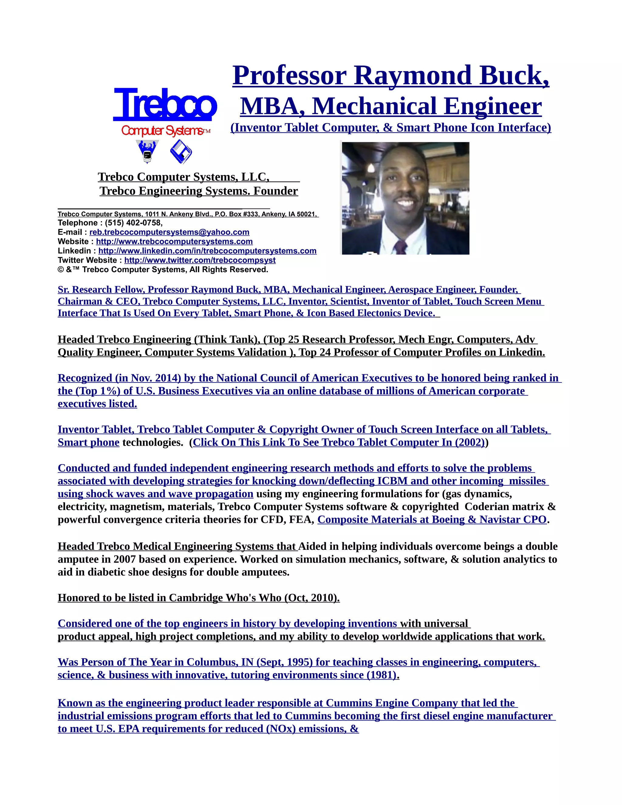 Raymond Buck MBA, Mech Engineer, Research Professor of Engineering ...
