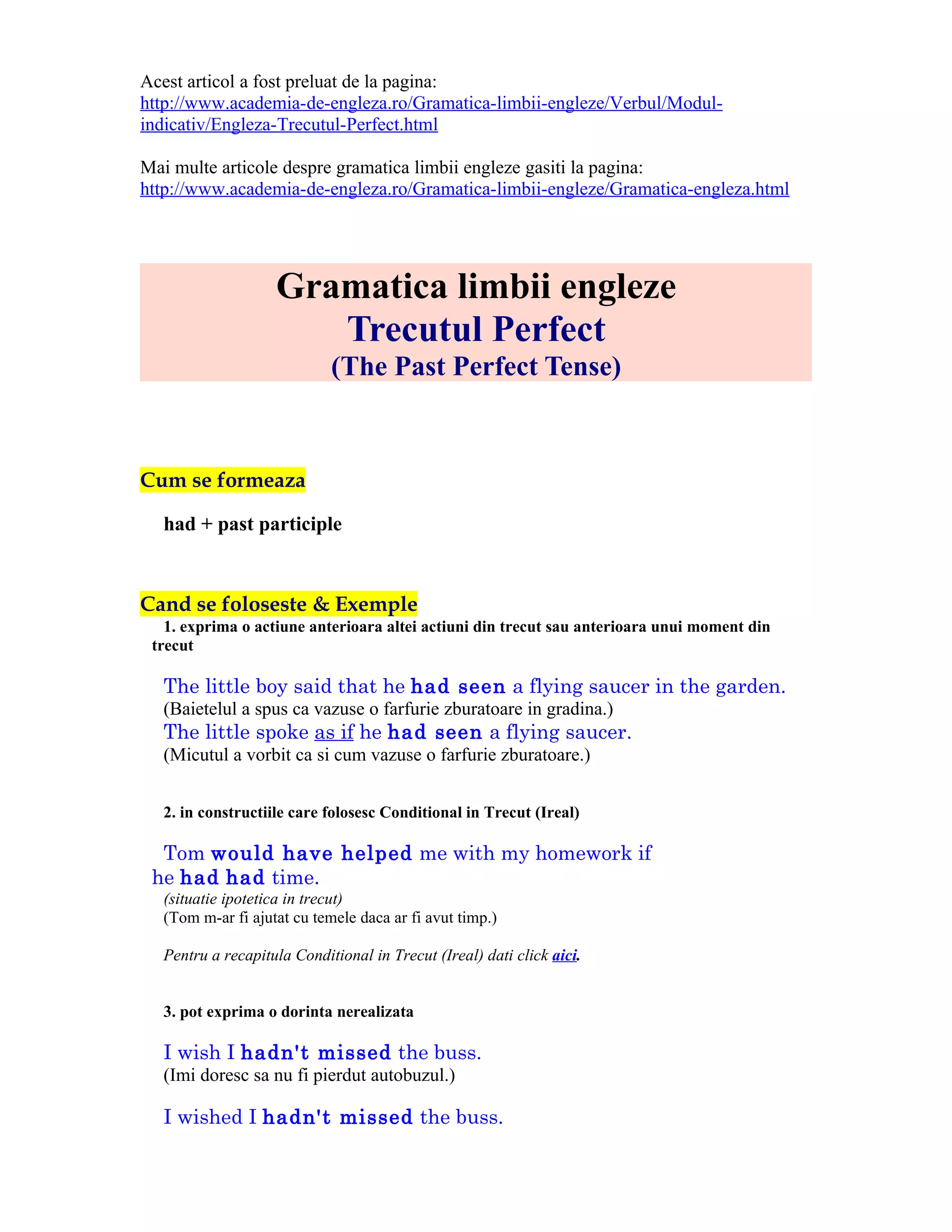 Trecutul perfect in engleza | DOC