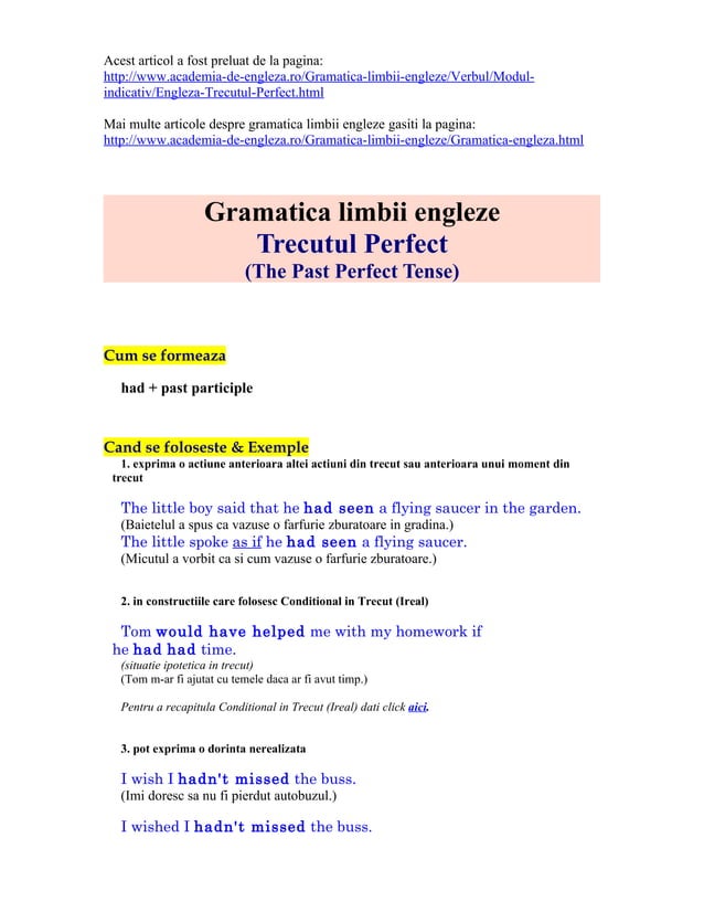Trecutul perfect in engleza | DOC