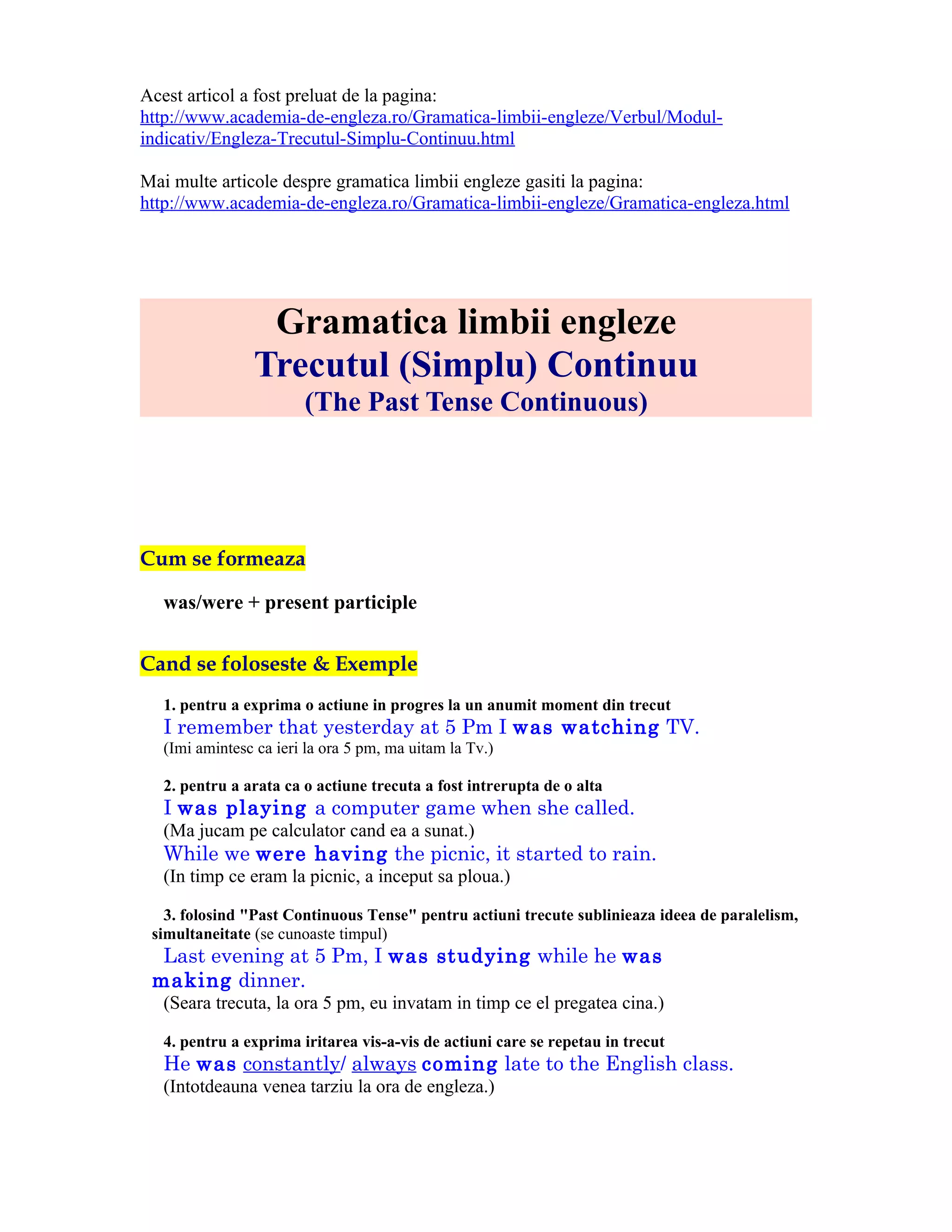 Timpurile verbelor in limba engleza: Trecutul simplu continuu in engleza | DOC