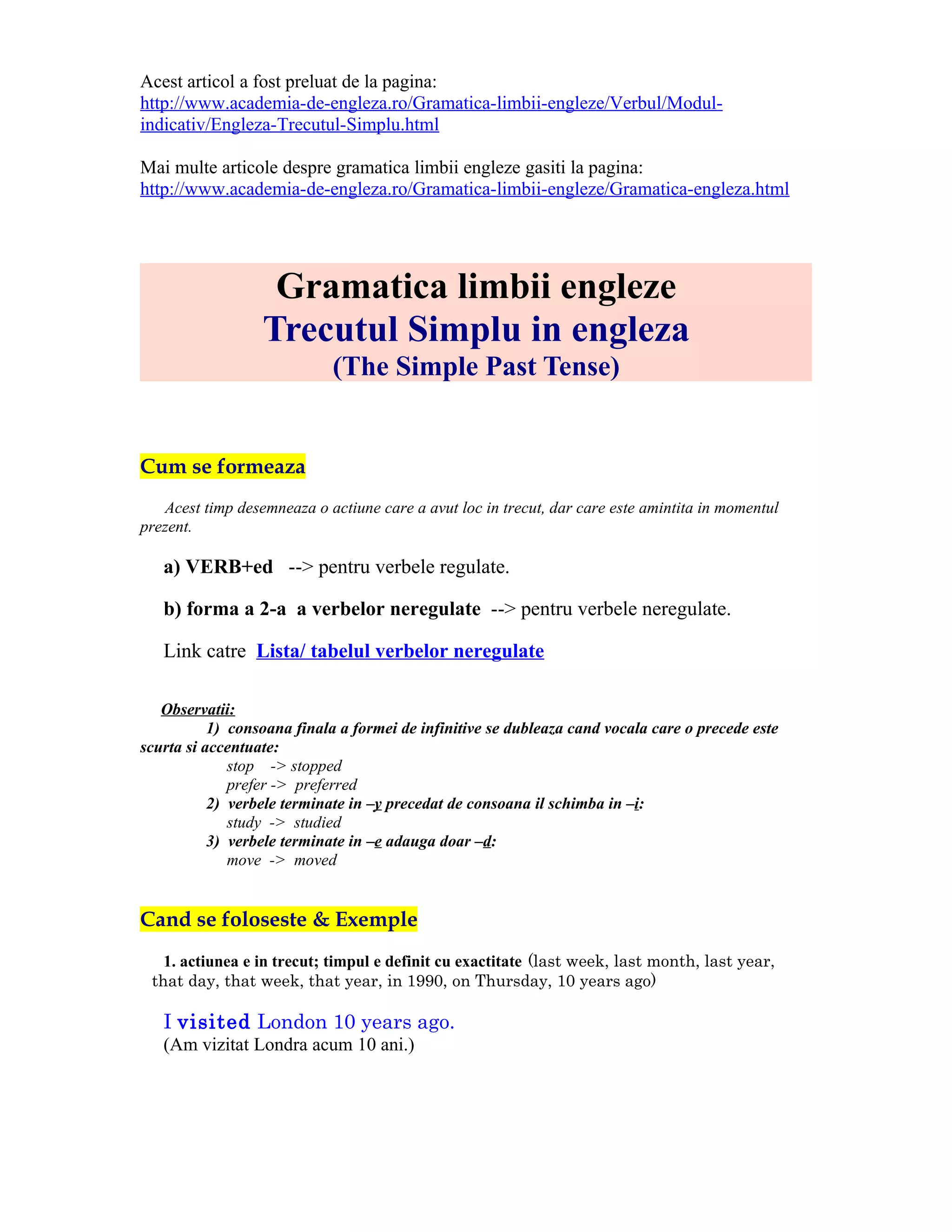Trecutul simplu in engleza | PDF