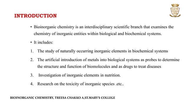 Chemistry:Bioinorganic Chemistry | PPTX | Chemistry | Science