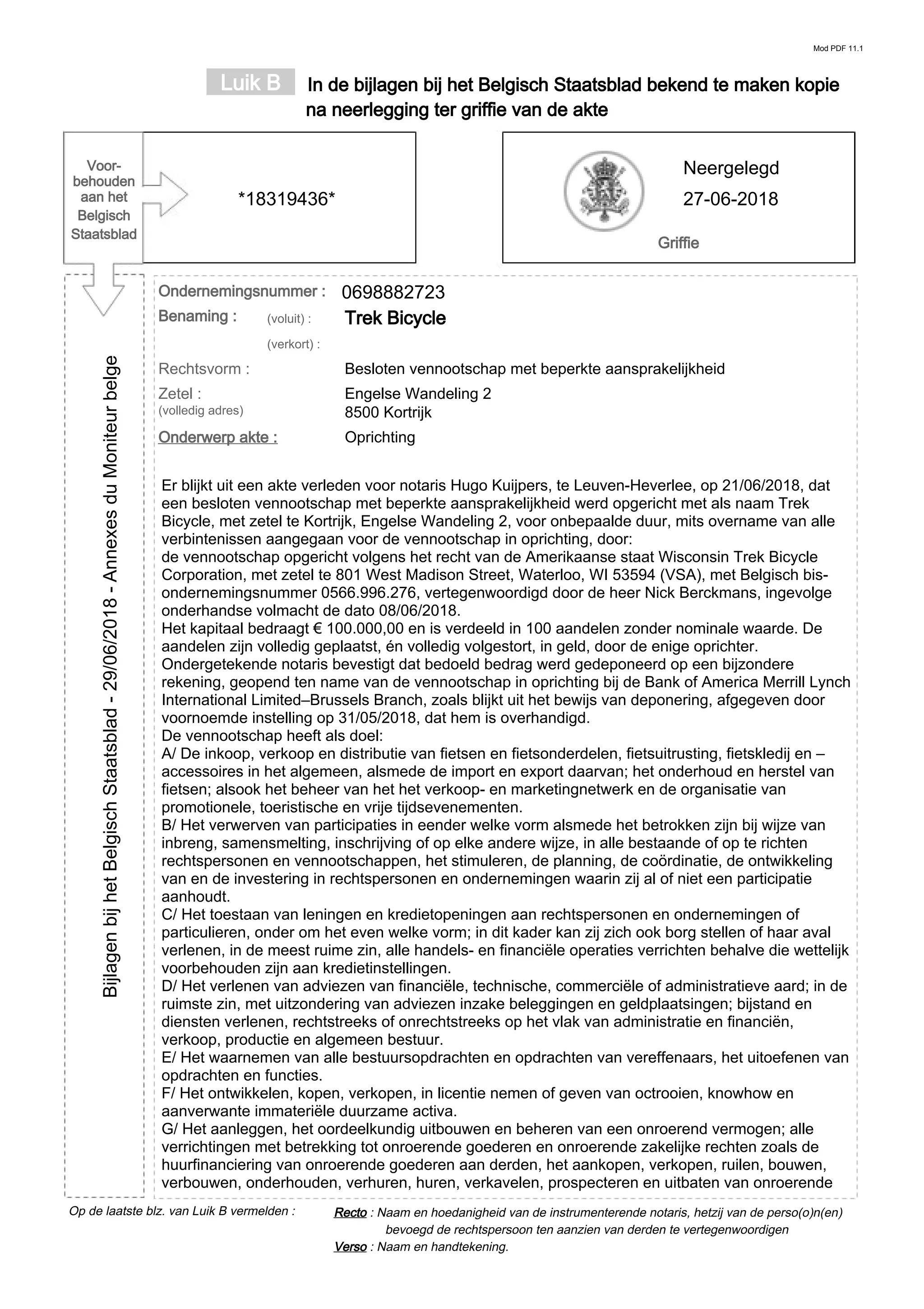 Trek richt Belgische onderneming Trek Bicycle op | PDF