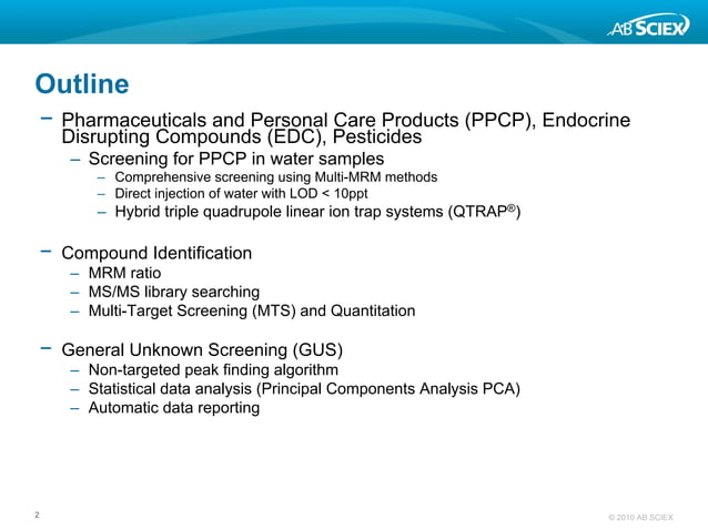 Using LC-MS/MS and Advanced Software Tools to Screen for unknown and Non-targeted PPCP in ...
