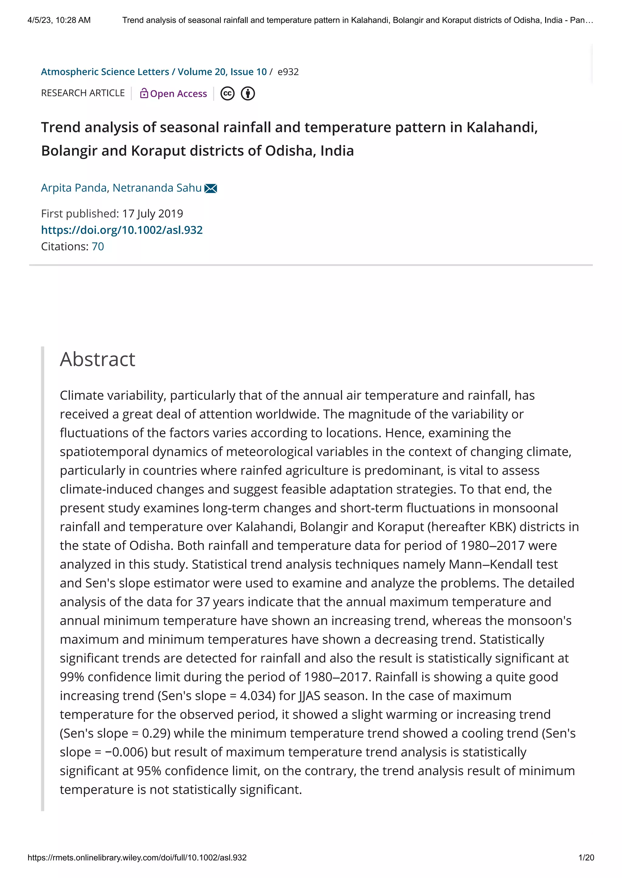 Trend analysis of seasonal rainfall and temperature pattern in Kalahandi, Bolangir and Koraput ...