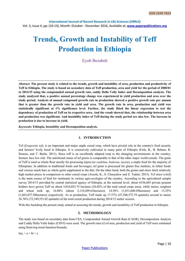 Trends, Growth and Instability of Teff Production in Ethiopia | PDF