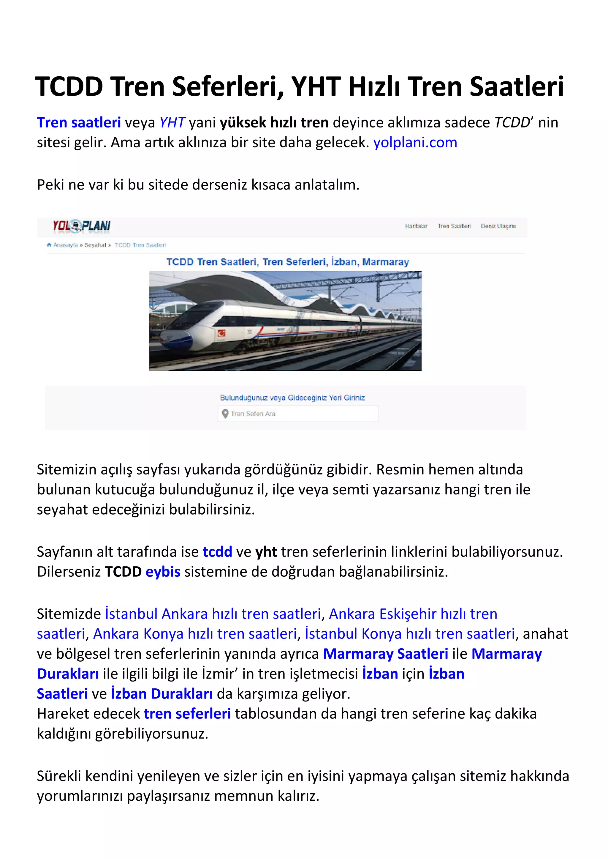 yolplani.com - tcdd tren saatleri, tren seferleri, hizli tren, yht, izban | PDF