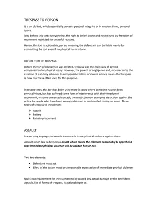 Trespass to Person - Tort Law - Homemade Notes | PDF