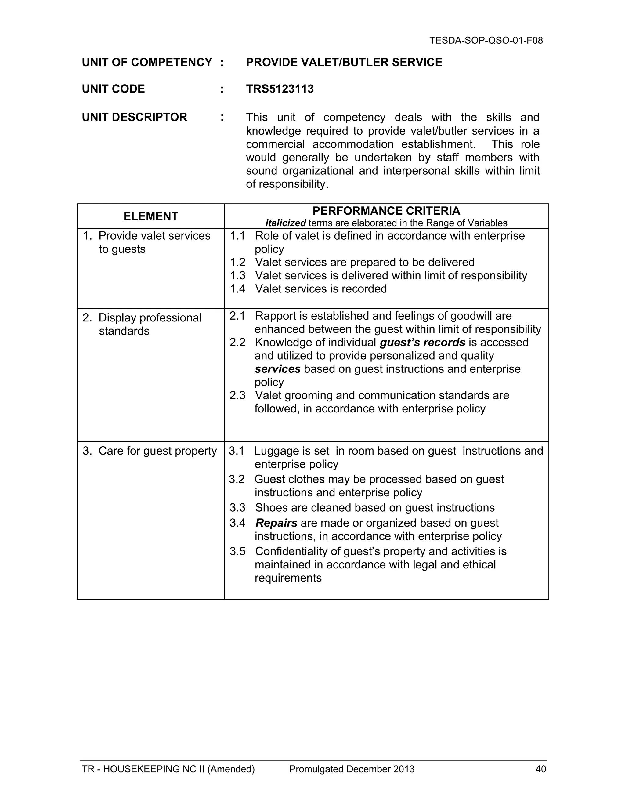Training Regulation Housekeeping NC II TESDA | PDF