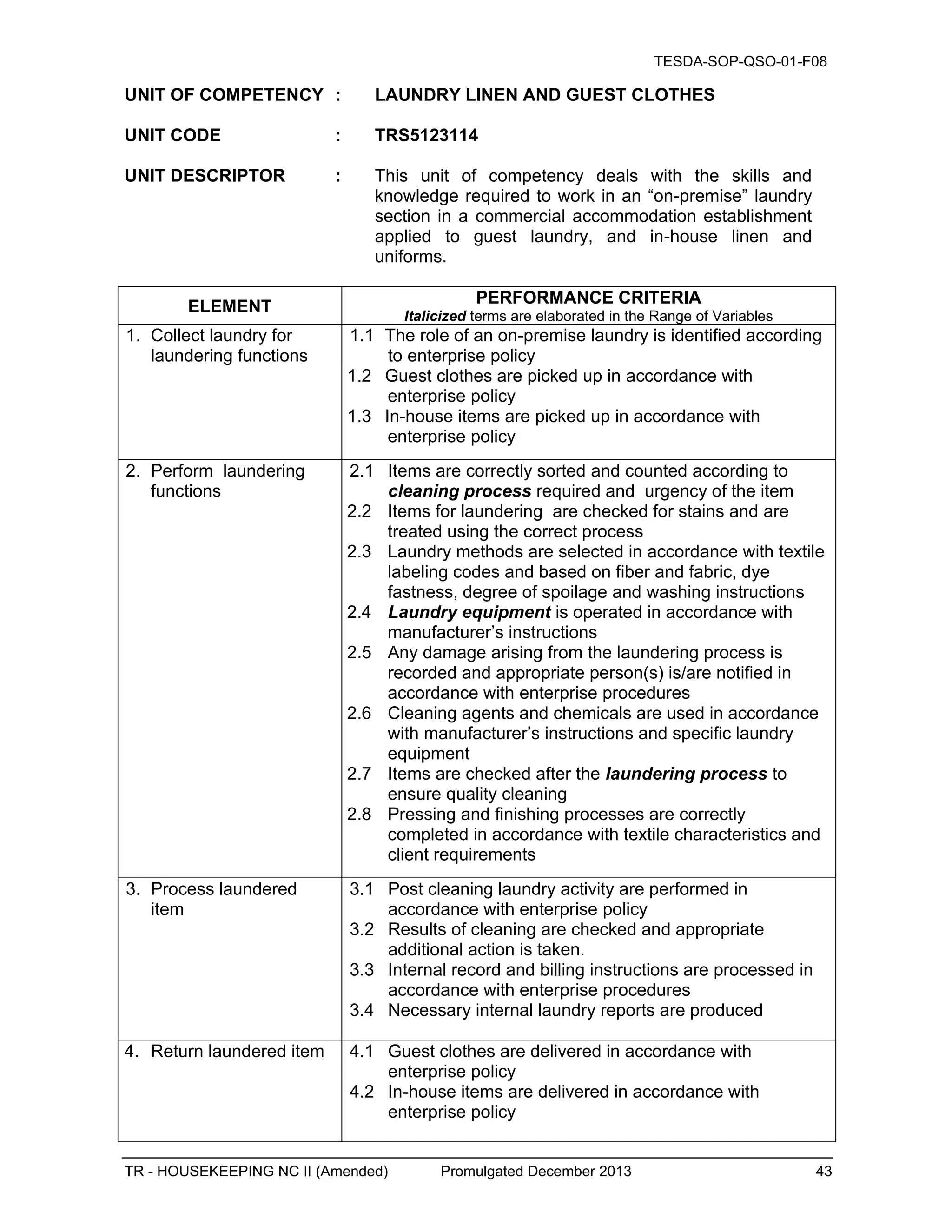 Training Regulation Housekeeping NC II TESDA | PDF