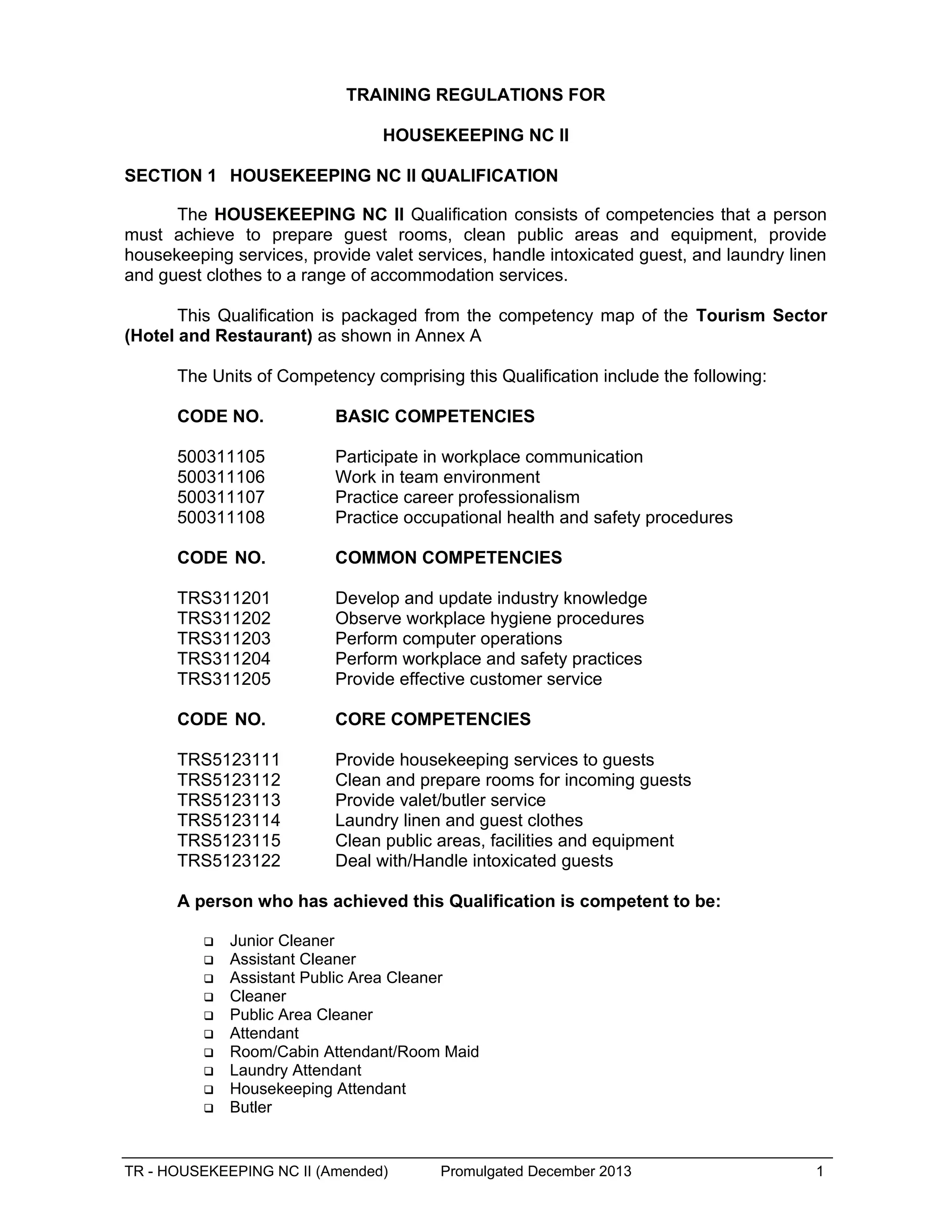 Training Regulation Housekeeping NC II TESDA | PDF