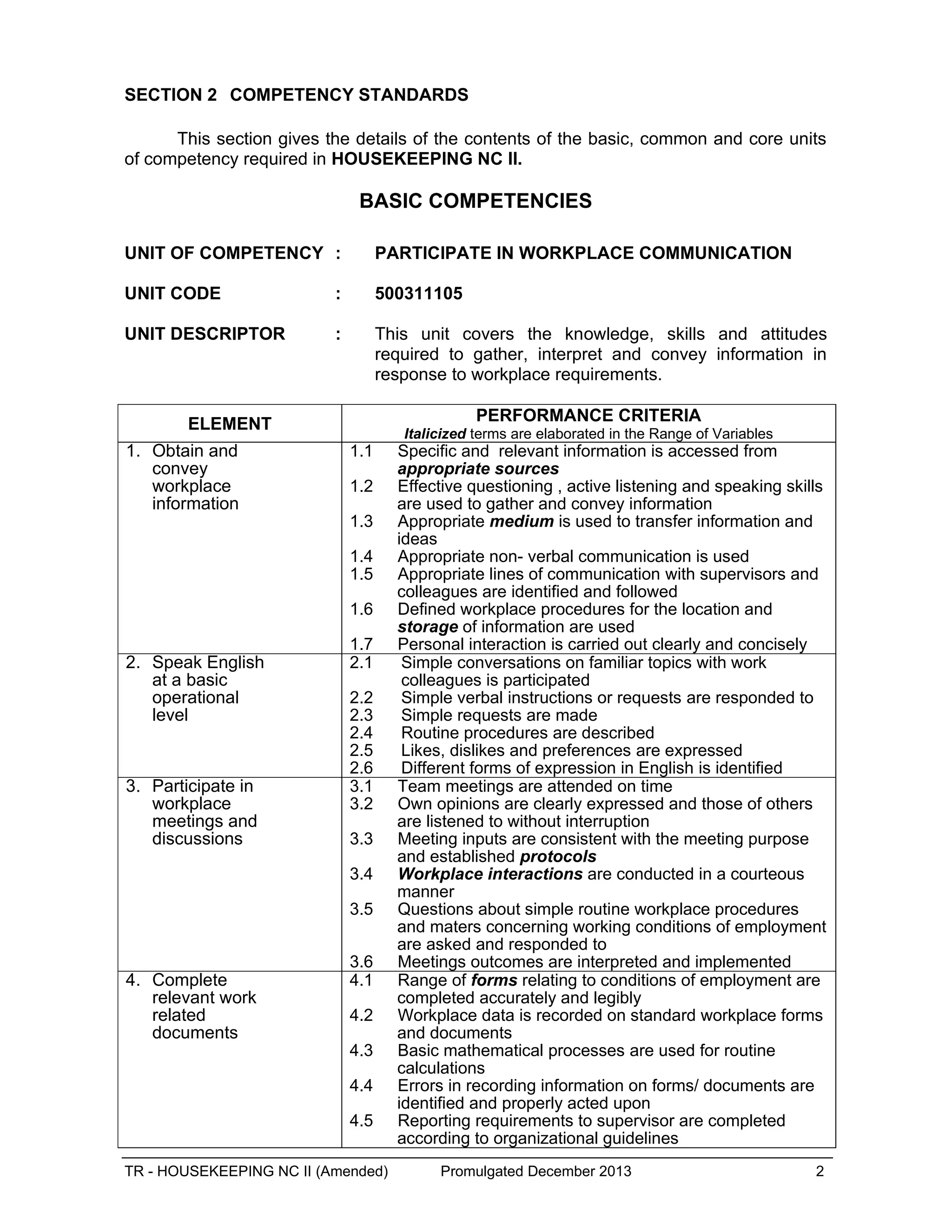 Training Regulation Housekeeping NC II TESDA | PDF
