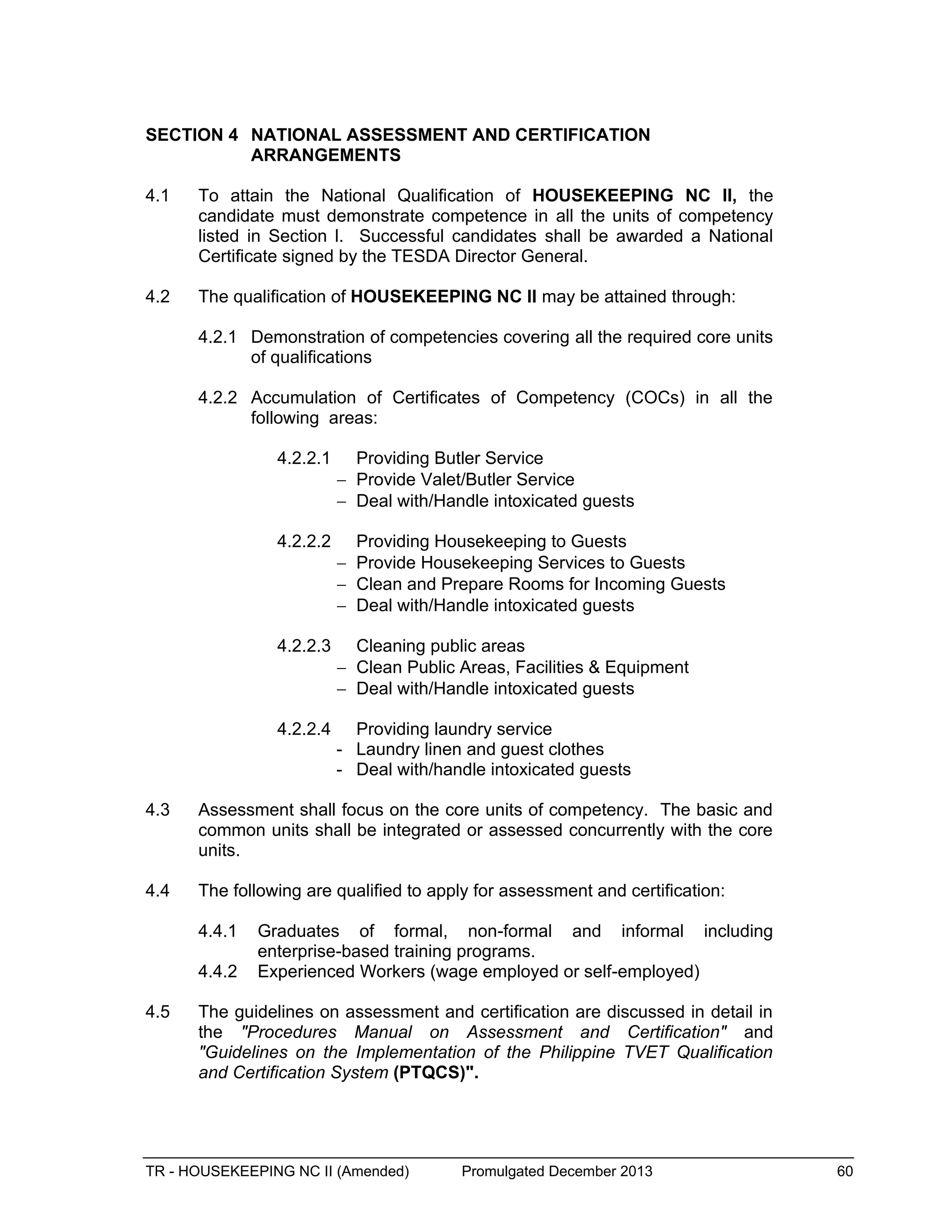 Training Regulation Housekeeping NC II TESDA | PDF