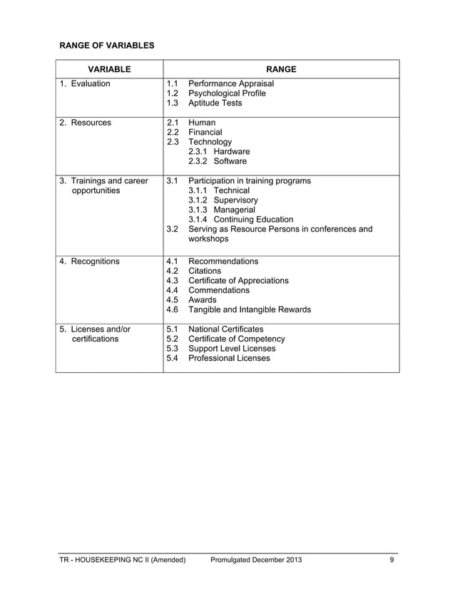 Training Regulation Housekeeping NC II TESDA | PDF