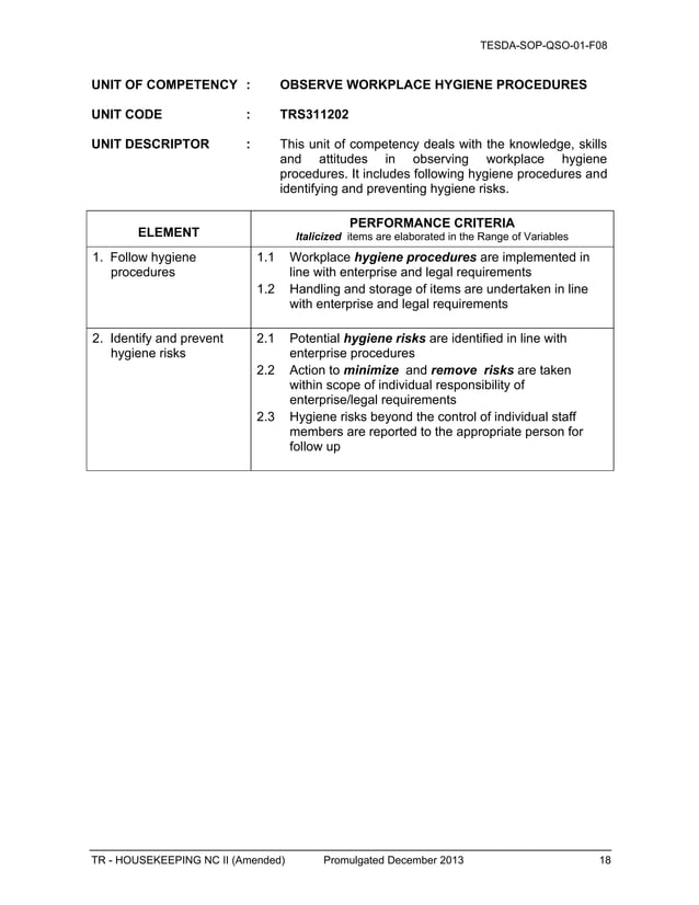 Training Regulation Housekeeping NC II TESDA | PDF