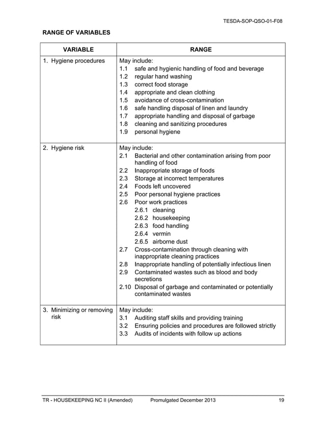 Training Regulation Housekeeping NC II TESDA | PDF