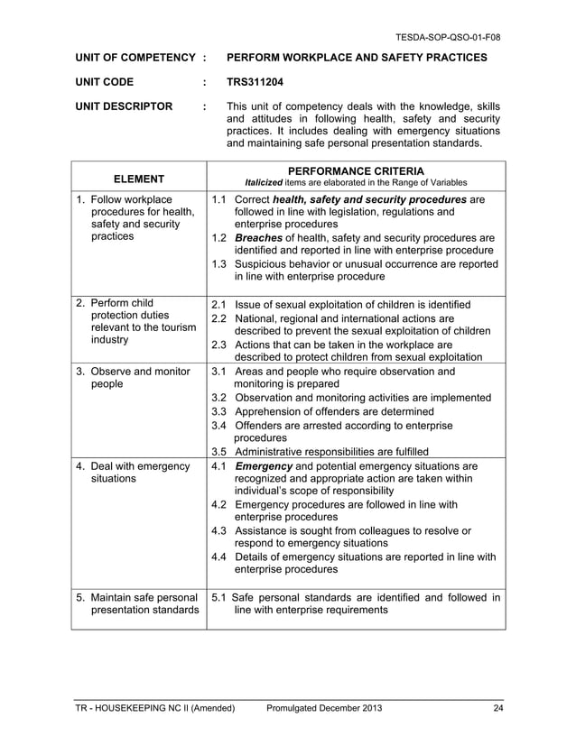 Training Regulation Housekeeping NC II TESDA | PDF