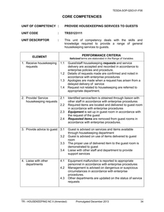Training Regulation Housekeeping NC II TESDA | PDF