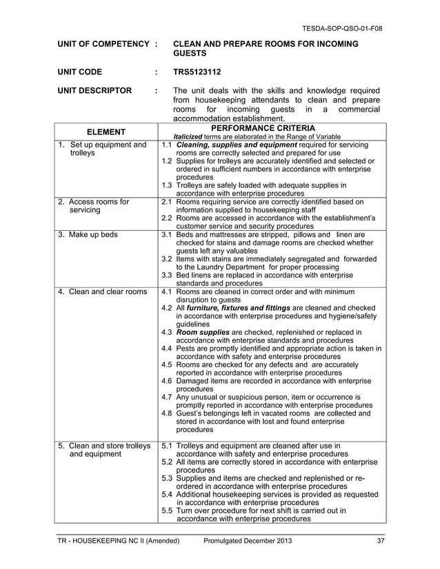 Training Regulation Housekeeping NC II TESDA | PDF