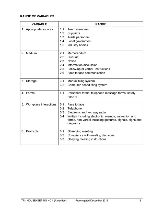 Training Regulation Housekeeping NC II TESDA | PDF
