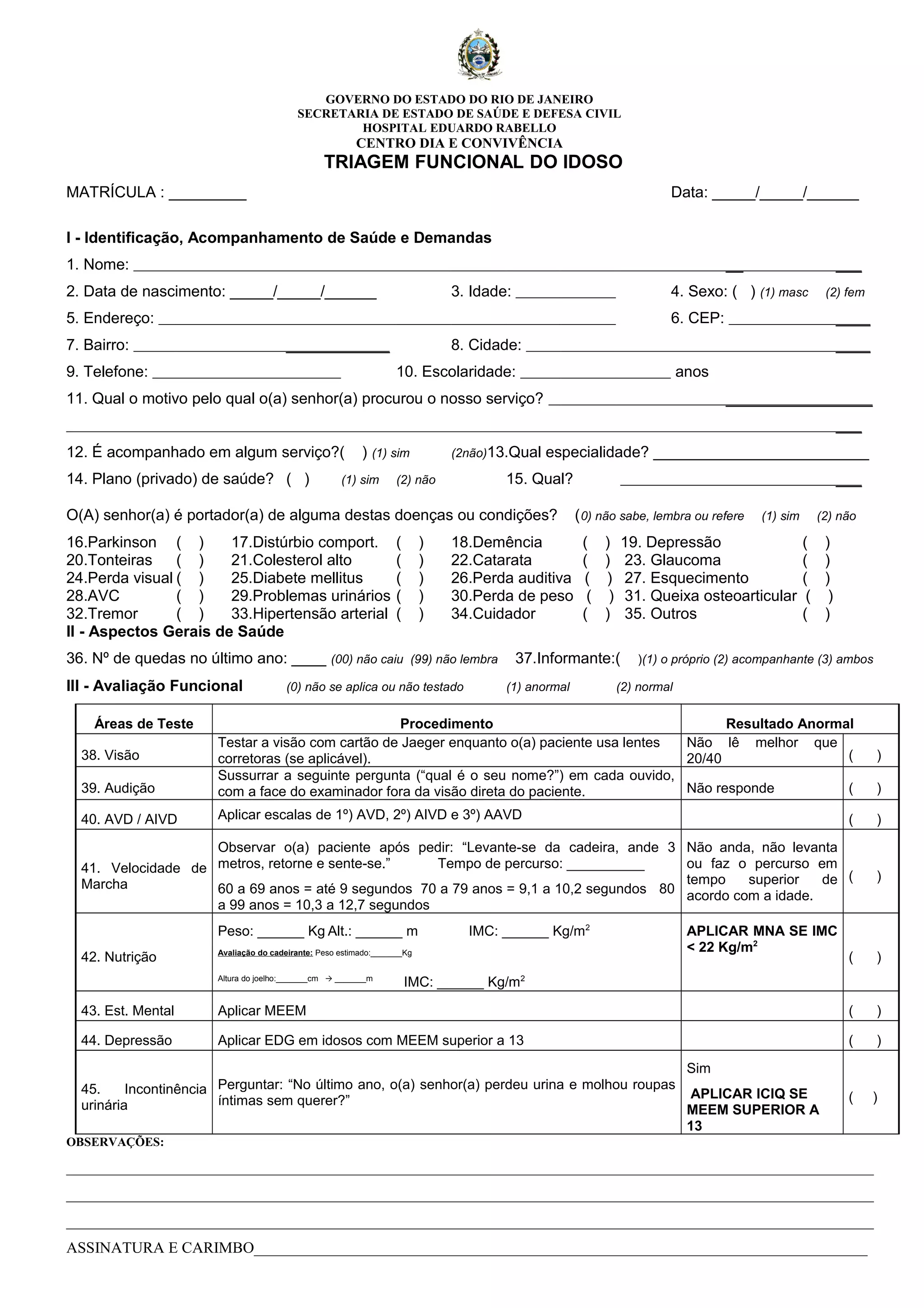 Triagem funcional cccd HOSPITAL EDUARDO RABELLO | PDF