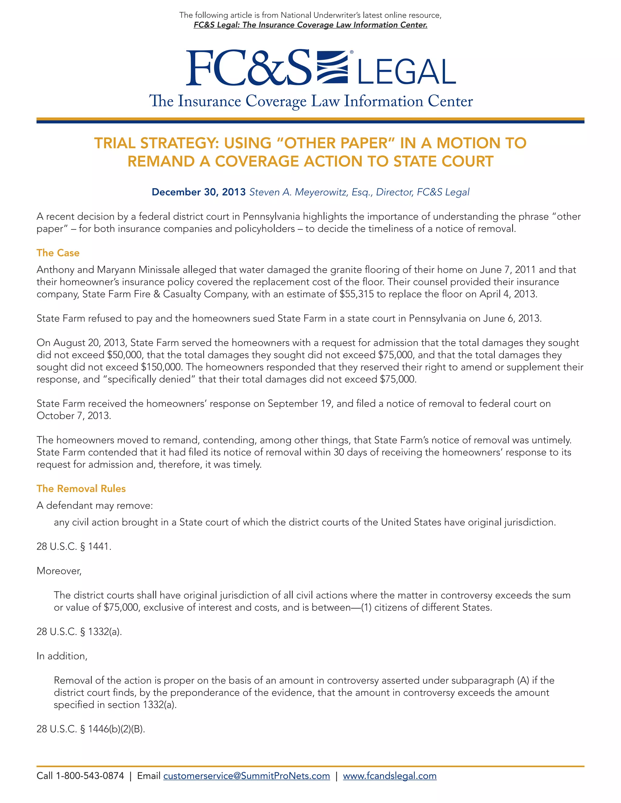 Trial Strategy: Using "Other Paper" in a Motion to Remand a Coverage ...