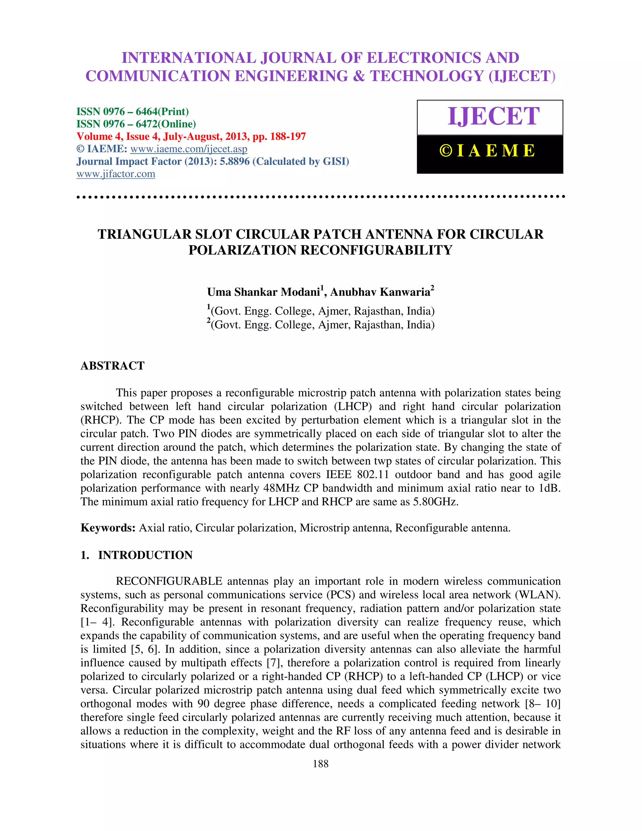 Triangular slot circular patch antenna for circular polarization reconfigura | PDF