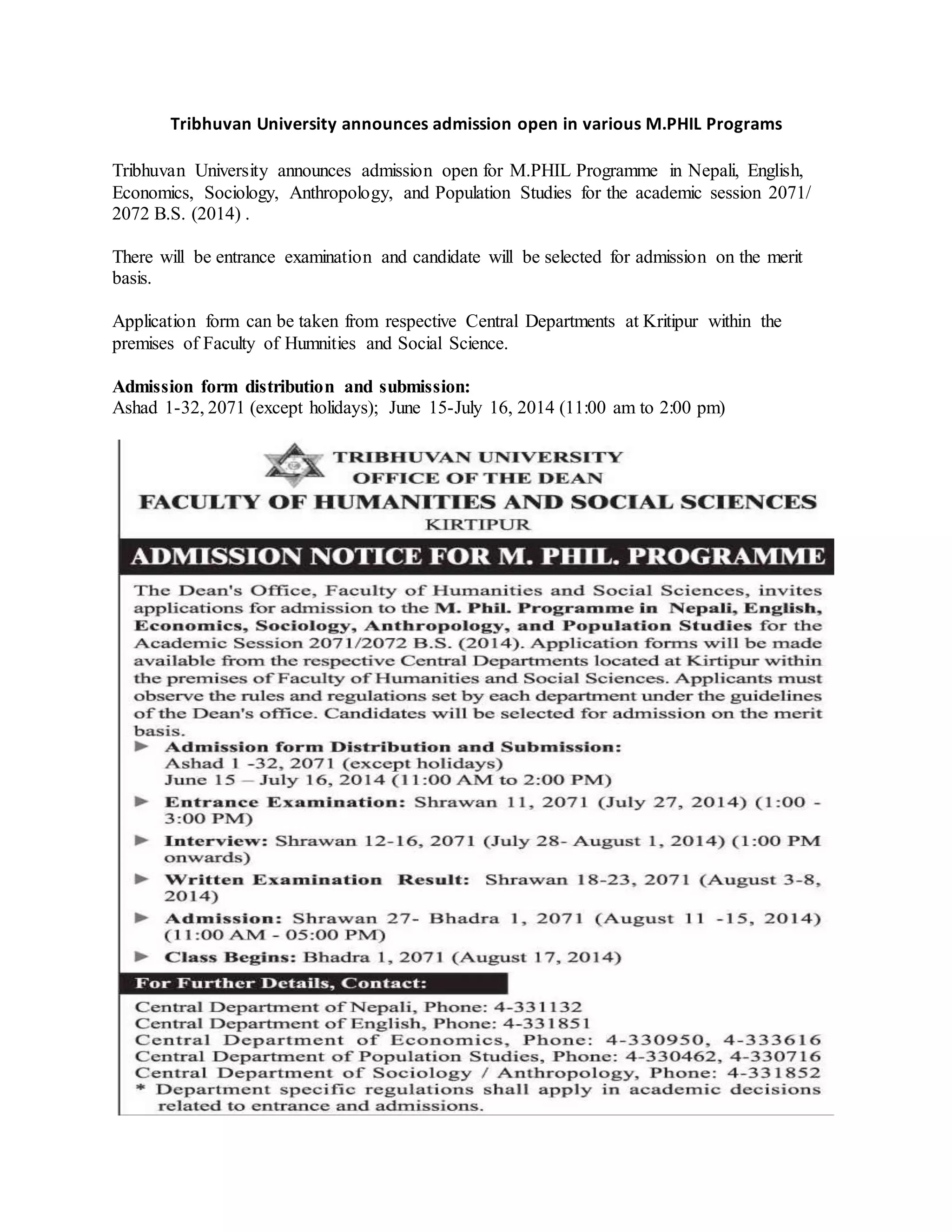 Tribhuvan University announces admission open in various M.PHIL Programs | PDF