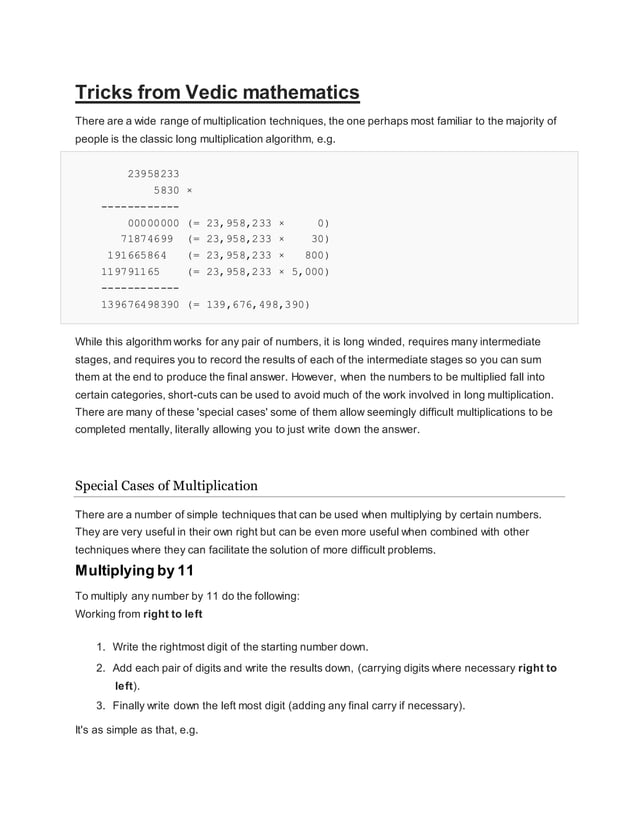 Tricks from vedic mathematics | PDF