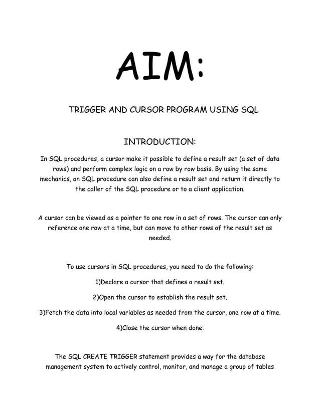 Trigger And Cursor Program Using Sql Rtf