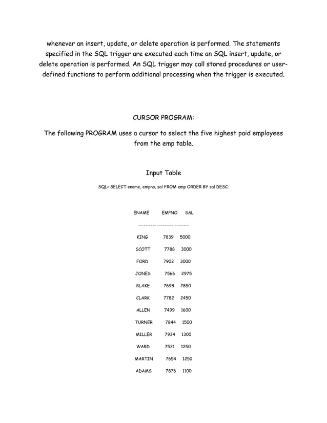 Trigger And Cursor Program Using Sql Rtf