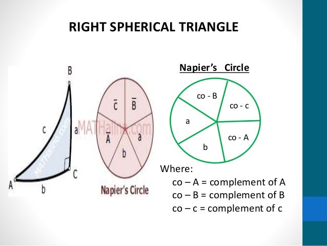 right spherical triangle. trigonometry