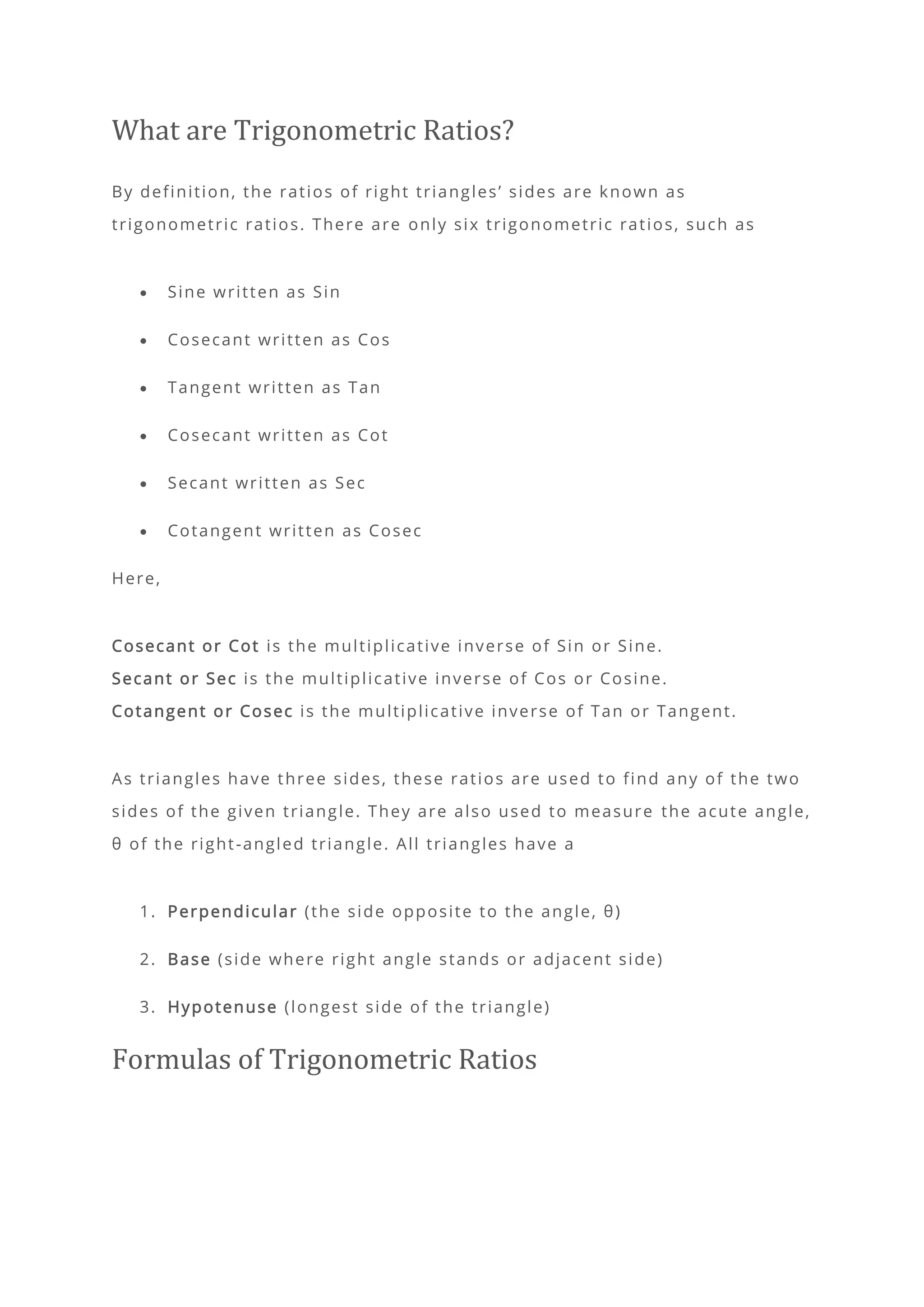 Trigonometric Ratios Definition Formulas Table And Problems Pdf