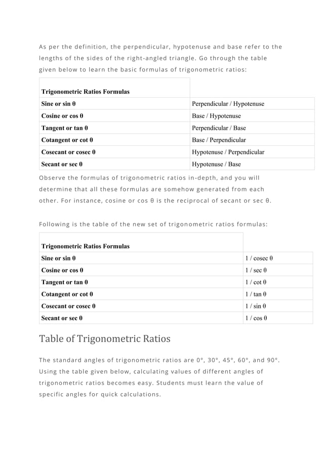 Trigonometric Ratios Definition Formulas Table And Problems Pdf