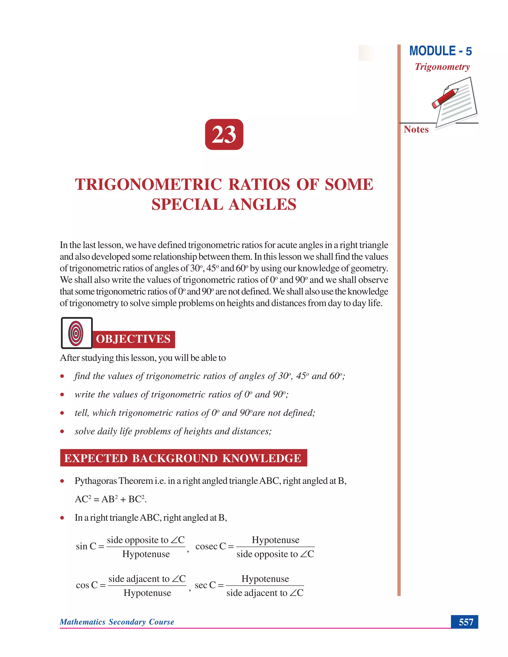 TRIGONOMETRIC RATIOS OF SOME SPECIAL ANGLES | PDF