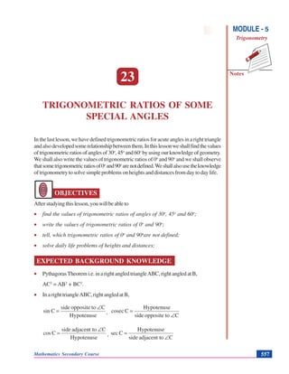 TRIGONOMETRIC RATIOS OF SOME SPECIAL ANGLES | PDF