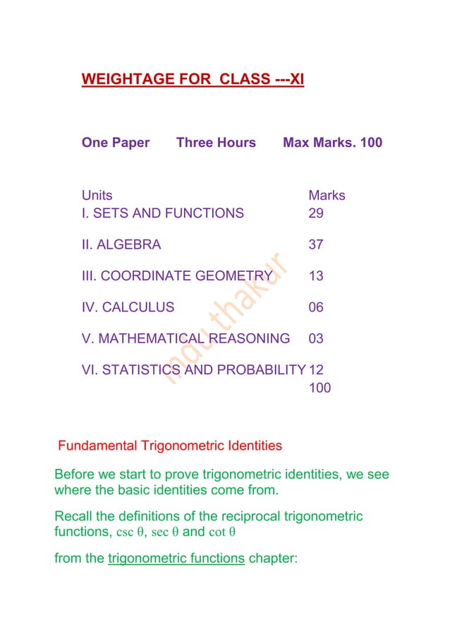 Trigonometry for class xi | DOCX