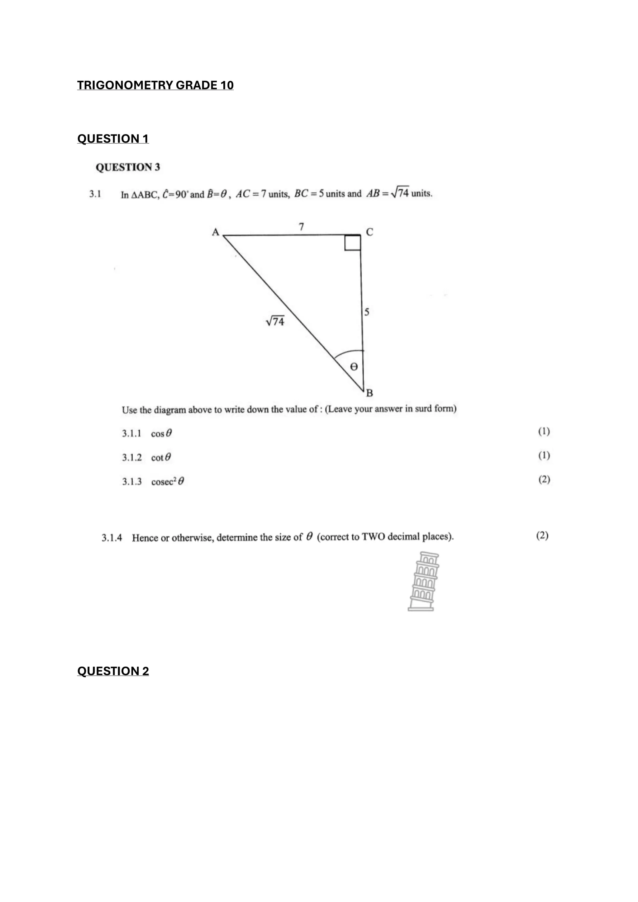 Trigonometry Grade 10 Practice Questions Pdf