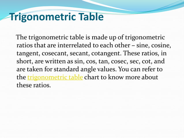 Trigonometry topic details and table with real example | PPT