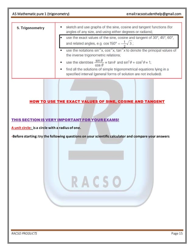 AS LEVEL Trigonometry (CIE) EXPLAINED WITH EXAMPLE AND DIAGRAMS | DOCX