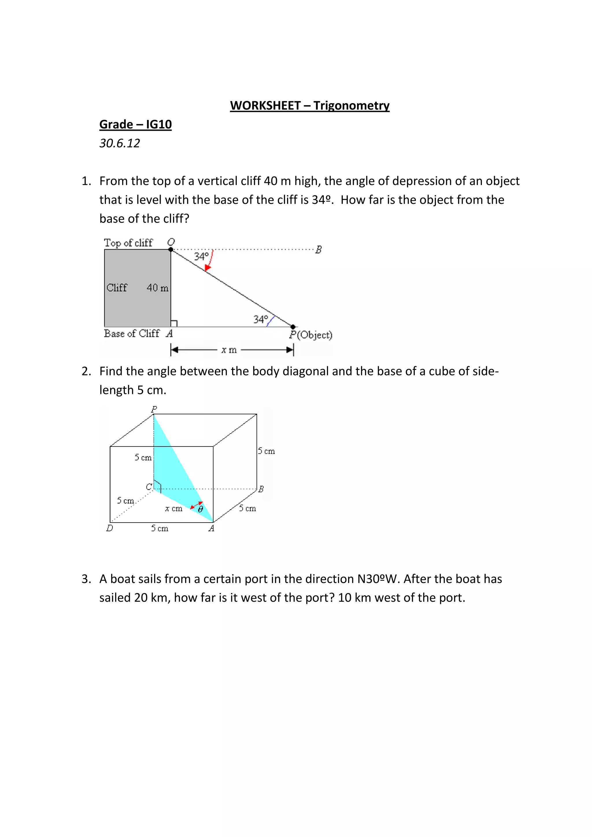 Trigonometry worksheet | PDF