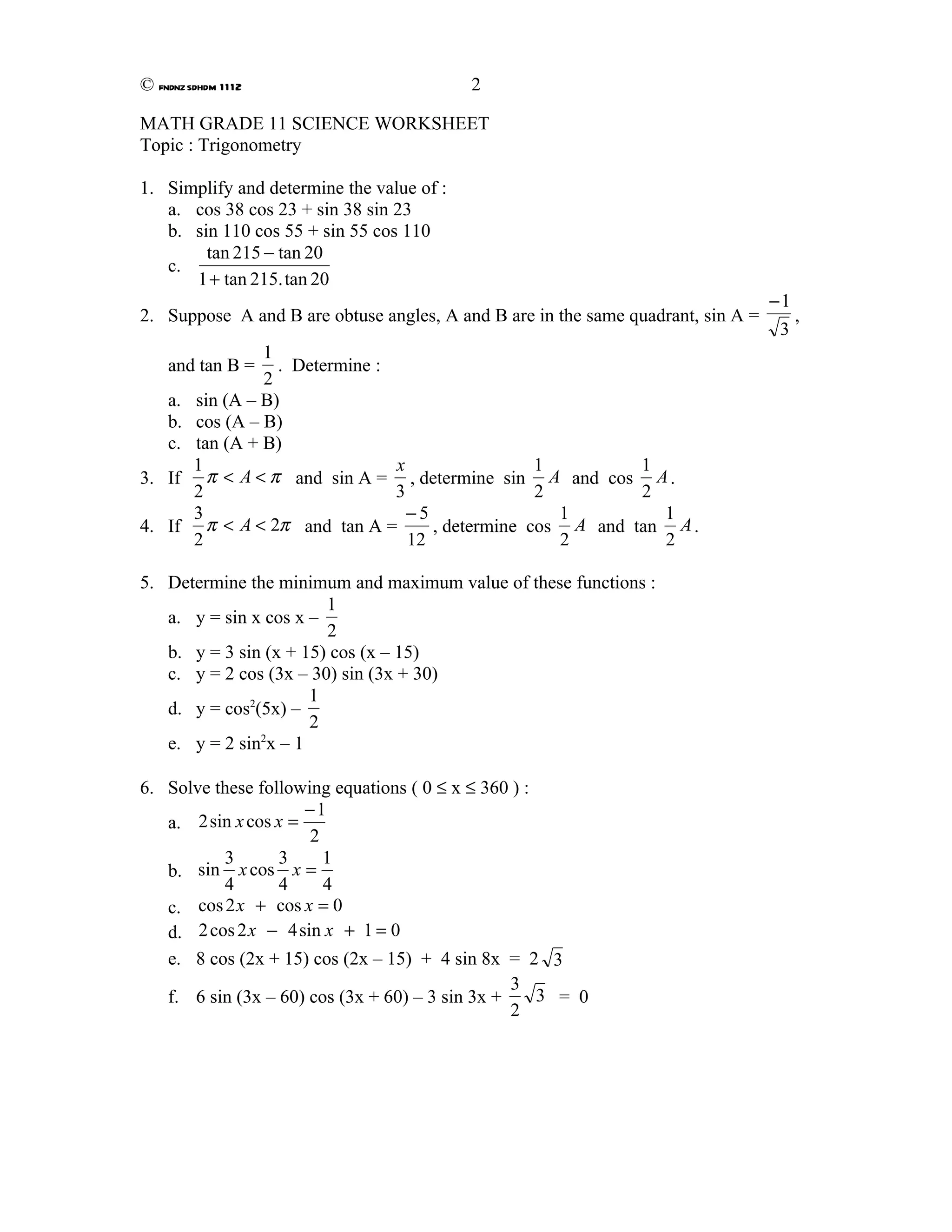 Trigonometry Worksheet | DOC