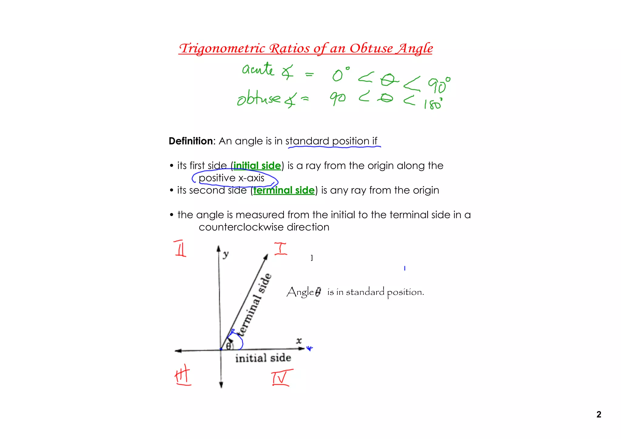 Trig Ratios Of Obtuse Angles | PDF
