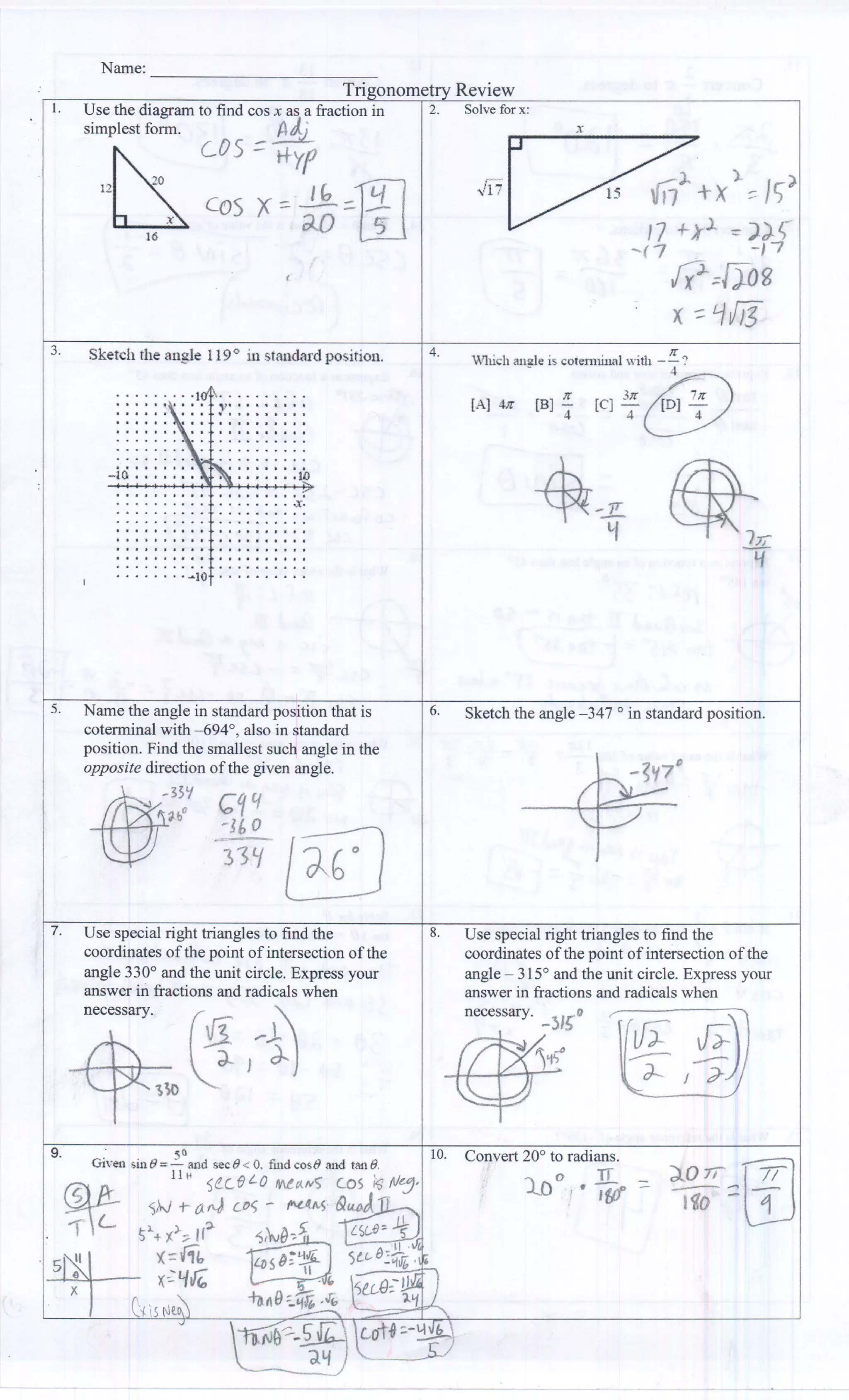 Trig Review Sheet Answers | PDF