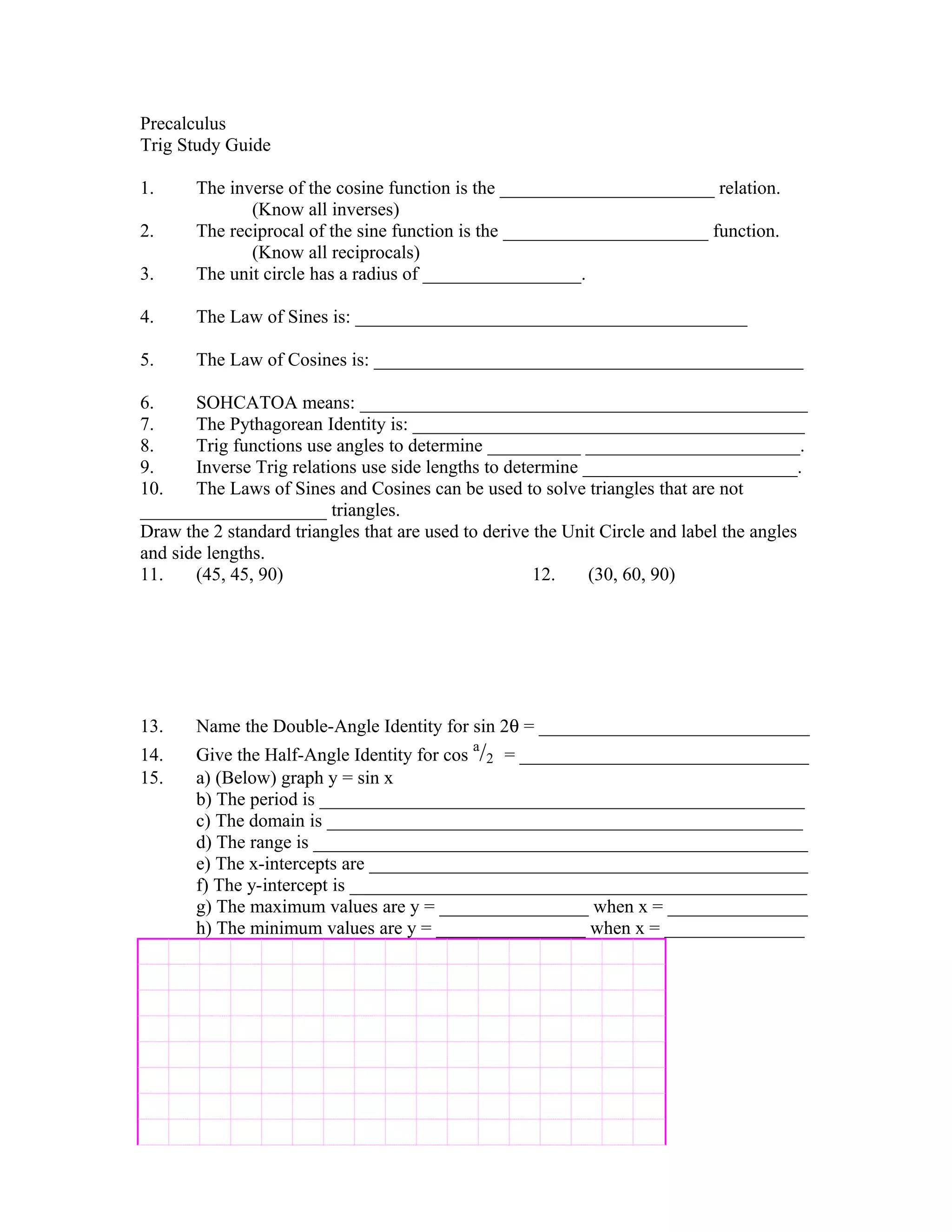 Precalculus Trig Study Guide | DOC