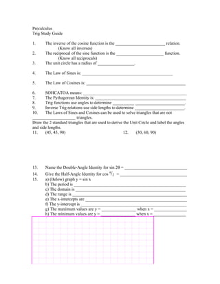 Precalculus Trig Study Guide | PDF