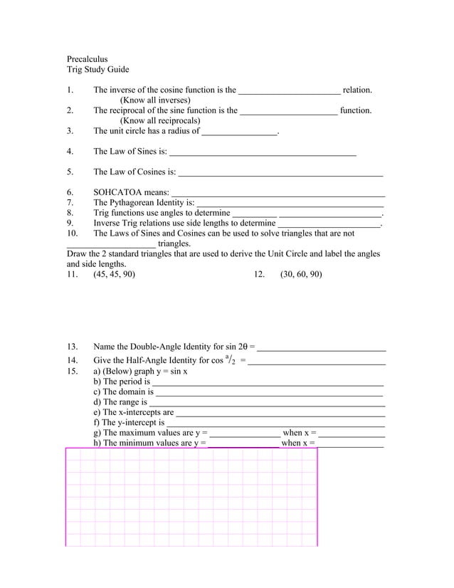 Precalculus Trig Study Guide | PDF