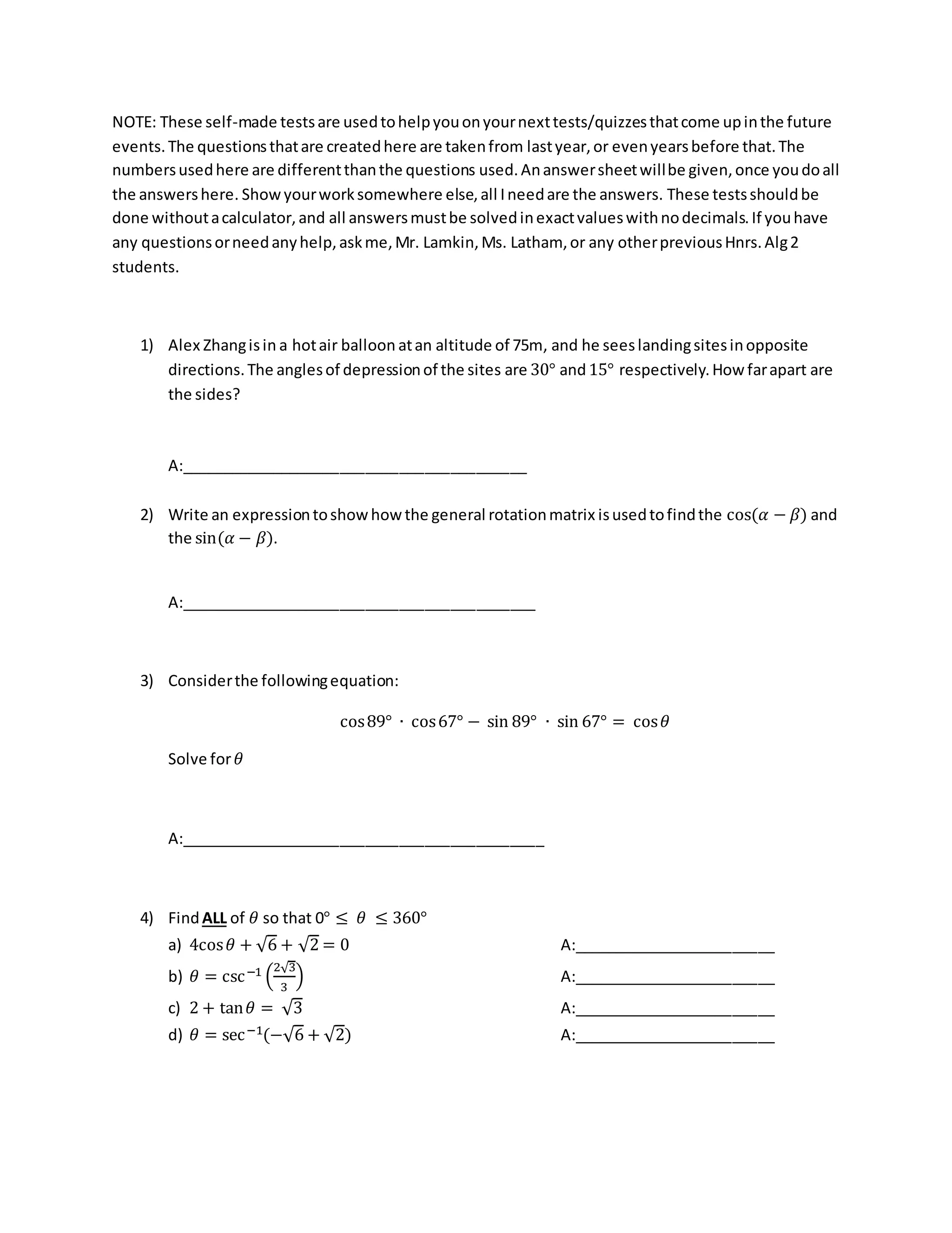 Trig test self test help | PDF
